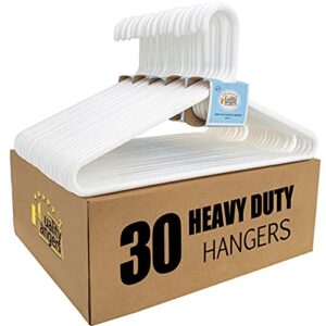 Quality White Plastic Hangers 30 Pack - Super Heavy Duty Plastic Clothes Hanger Multipack - Thick Strong Standard Closet Clothing Hangers with Hook for Scarves and Belts-17 Coat Hangers (White, 30)