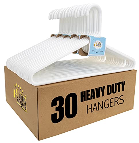 Quality White Plastic Hangers 30 Pack - Super Heavy Duty Plastic Clothes Hanger Multipack - Thick Strong Standard Closet Clothing Hangers with Hook for Scarves and Belts-17 Coat Hangers (White, 30)