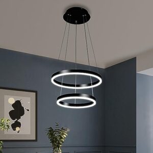 viruhaka dimmable led pendant light dining room 50w led modern chandelier black living room 2 ring pendant lighting entryway with 59in cord adjustable,6000k daylight