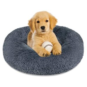 calming dog bed cat bed donut cuddler, anti anxiety dog bed for small medium large dogs cats, machine washable round warm bed, faux fur pet bed, waterproof non-slip bottom (23"/30"/36")