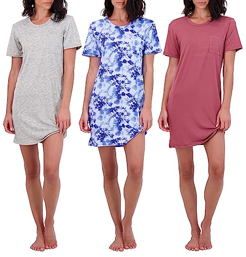 Real Essentials Womens Short Sleeve Nightgown Nightshirts Bamboo Nightgowns Night Shirts Gowns Women Nightdress Sleep Shirt Adult House Dress Sleepwear Pajama PJs Moo Moos, Set 2, Medium, Pack of 3