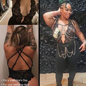 Aranmei Sexy Lingerie for Women Hollow Out Floral Lace Bodysuit One Piece Lingerie Deep V Teddy Babydoll Underwear Small Black