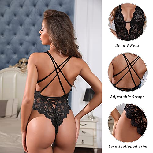 Aranmei Sexy Lingerie for Women Hollow Out Floral Lace Bodysuit One Piece Lingerie Deep V Teddy Babydoll Underwear Small Black