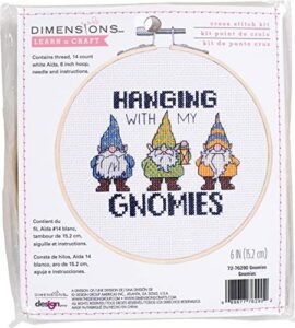 dimensions 72-76290 gnomies embroidery cross stitch kit, 6" d, 14 count white aida, multicolor