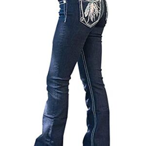 QJBMEI Women's Jeans High Rise Feather Embroidery Stretchy Bootcut Slim Wide Leg Denim Pants,Blue,S