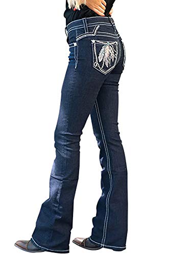 QJBMEI Women's Jeans High Rise Feather Embroidery Stretchy Bootcut Slim Wide Leg Denim Pants,Blue,S