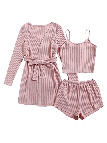 SOLY HUX Womens Pajama Sets 3 Piece Lounge Set Ribbed Knit Cami Top and Shorts Soft Sleepwear with Robe Cardigan Pink M