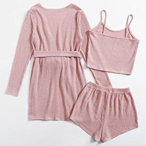 SOLY HUX Womens Pajama Sets 3 Piece Lounge Set Ribbed Knit Cami Top and Shorts Soft Sleepwear with Robe Cardigan Pink M