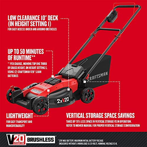 CRAFTSMAN V20 Lawn Mower, Push Mower, Lightweight and Portable, Grass Bag, Battery and Charger Included (CMCMW220P2)