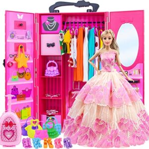 ZITA ELEMENT 11.5 Inch Girl Doll Closet Wardrobe with Clothes and Accessories Set 101 Pcs Including Wardrobe Suitcase Clothes Dresses Swimsuits Shoes Hangers Necklace Bags and Other Stuff