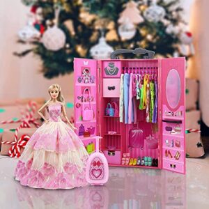 ZITA ELEMENT 11.5 Inch Girl Doll Closet Wardrobe with Clothes and Accessories Set 101 Pcs Including Wardrobe Suitcase Clothes Dresses Swimsuits Shoes Hangers Necklace Bags and Other Stuff