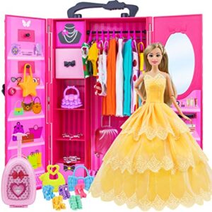 ZITA ELEMENT 11.5 Inch Girl Doll Closet Wardrobe with Clothes and Accessories Set 101 Pcs Including Wardrobe Suitcase Clothes Dresses Swimsuits Shoes Hangers Necklace Bags and Other Stuff