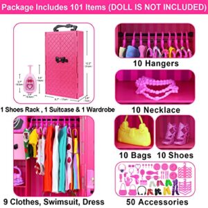 ZITA ELEMENT 11.5 Inch Girl Doll Closet Wardrobe with Clothes and Accessories Set 101 Pcs Including Wardrobe Suitcase Clothes Dresses Swimsuits Shoes Hangers Necklace Bags and Other Stuff