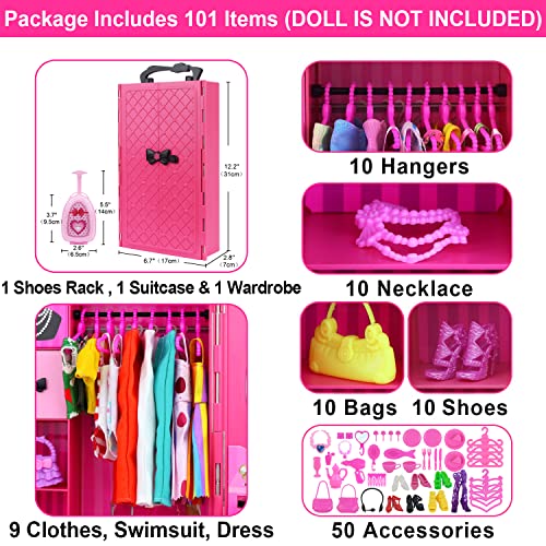 ZITA ELEMENT 11.5 Inch Girl Doll Closet Wardrobe with Clothes and Accessories Set 101 Pcs Including Wardrobe Suitcase Clothes Dresses Swimsuits Shoes Hangers Necklace Bags and Other Stuff