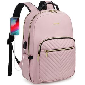 lovevook laptop backpack purse for women, work business travel computer bags, college nurse backpack for womens, quilted casual daypack with usb port, fit 15.6 inch laptop, light pink