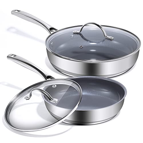 REDMOND Nonstick Frying Pan Skillet Set with Lids, 8 Inch & 10 Inch Stainless Steel Deep Chef Fry Pans with Ceramic Coating, Dishwasher & Oven Safe