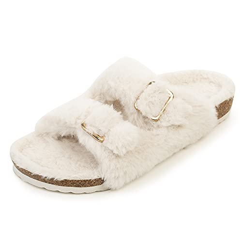 FITORY Womens Open Toe Slipper with Cozy Lining,Faux Rabbit Fur Cork Slide Sandals Beige Size 8