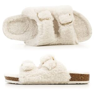 FITORY Womens Open Toe Slipper with Cozy Lining,Faux Rabbit Fur Cork Slide Sandals Beige Size 8