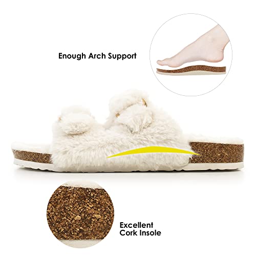 FITORY Womens Open Toe Slipper with Cozy Lining,Faux Rabbit Fur Cork Slide Sandals Beige Size 8