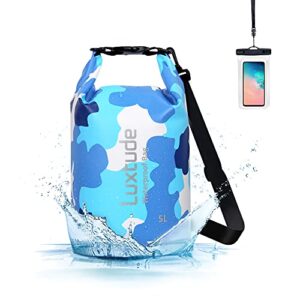 luxtude waterproof dry bag backpack, 5l roll top portable dry sack waterproof bag with phone case, floating waterproof dry bag for kayaking, swimming, boating, surfing, hiking, beach etc.