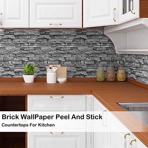 auxua Brick Wallpaper Peel and Stick for Bathroom Bedroom,Faux 3D Brick Waterproof Grey Wall Paper Self Adhesive,Removable Vintage Stone Contact Vinyl Gray Wallpaper (17.7"x394")