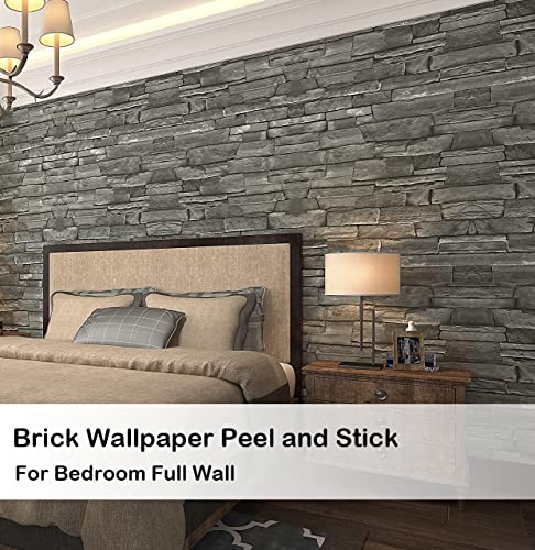 auxua Brick Wallpaper Peel and Stick for Bathroom Bedroom,Faux 3D Brick Waterproof Grey Wall Paper Self Adhesive,Removable Vintage Stone Contact Vinyl Gray Wallpaper (17.7"x394")