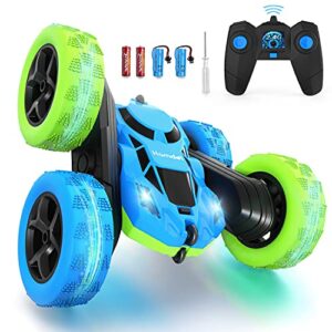 hamdol remote control car for 6-12 year old double sided 360°rotating 4wd rc cars with headlights 2.4ghz electric rechargeable race stunt toy car for boys girls birthday (blue&green)