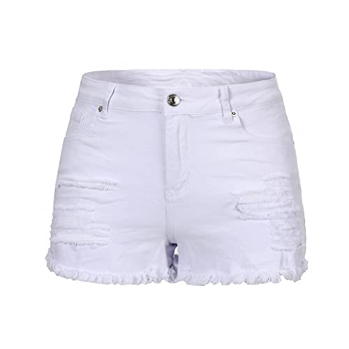 THUNDER STAR Women Mid Rise Ripped Stretchy Jeans Shorts Frayed Raw Hem Casual Denim Shorts White1# M