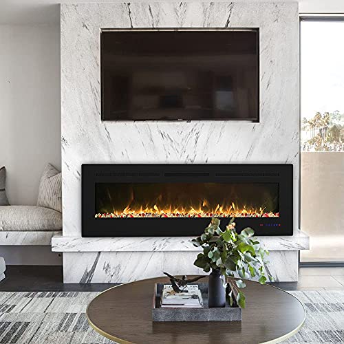 Cheerway 60 inch Electric Fireplace with Heater, Wall Mounted & Recessed Electric Fireplace Insert, Linear Wall Fireplace w/Thermostat, 13×13 Flame Color, Remote & Touch Control w/Timer, 750W/1500W