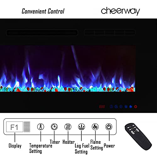 Cheerway 60 inch Electric Fireplace with Heater, Wall Mounted & Recessed Electric Fireplace Insert, Linear Wall Fireplace w/Thermostat, 13×13 Flame Color, Remote & Touch Control w/Timer, 750W/1500W