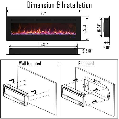 Cheerway 60 inch Electric Fireplace with Heater, Wall Mounted & Recessed Electric Fireplace Insert, Linear Wall Fireplace w/Thermostat, 13×13 Flame Color, Remote & Touch Control w/Timer, 750W/1500W