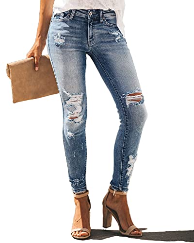 Allimy Women's High Rise Skinny Stretch Ripped Jeans High Waisted Destroyed Denim Pants Size 12