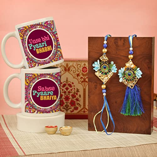 TIED RIBBONS Rakhi Lumba for Brother and Bhabhi with Gift Set | Coffee Mugs (Set of 2, 10 Oz) | Wishes Card | Roli Tika - Rakhi Bracelet for Brother Rakhi for Bhaiya