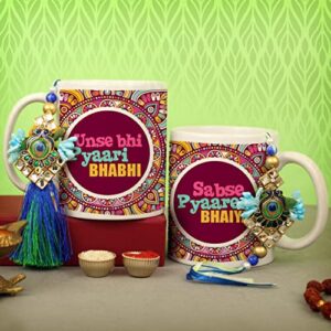 TIED RIBBONS Rakhi Lumba for Brother and Bhabhi with Gift Set | Coffee Mugs (Set of 2, 10 Oz) | Wishes Card | Roli Tika - Rakhi Bracelet for Brother Rakhi for Bhaiya