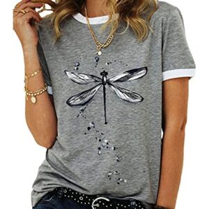 JNIFULI Women's Graphic Tees Casual Summer Funny Dragonfly Printed Short Sleeve Cute T Shirts Tops Grey