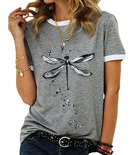 JNIFULI Women's Graphic Tees Casual Summer Funny Dragonfly Printed Short Sleeve Cute T Shirts Tops Grey