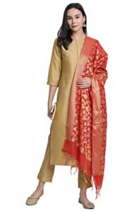 janasya gold gota patti poly silk straight kurta set with dupatta