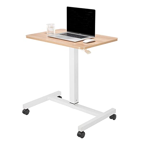 CLATINA Mobile Laptop Desk Pneumatic Sit to Stand Table Height Adjustable Rolling Cart with Lockable Wheels for Home Office Computer Workstation 28" x 19" Beige Round Edge Design Elegant