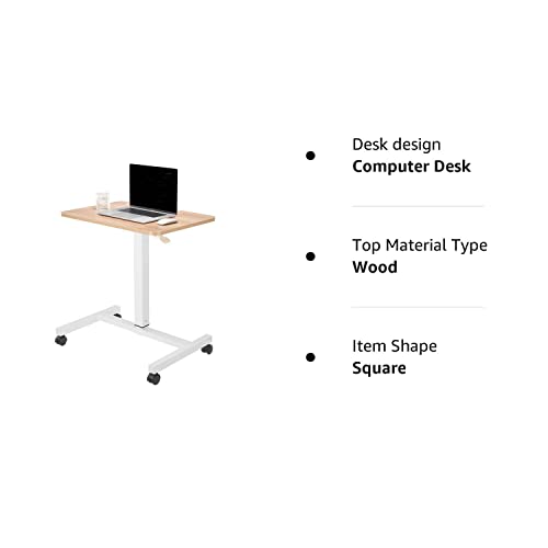 CLATINA Mobile Laptop Desk Pneumatic Sit to Stand Table Height Adjustable Rolling Cart with Lockable Wheels for Home Office Computer Workstation 28" x 19" Beige Round Edge Design Elegant