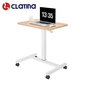 CLATINA Mobile Laptop Desk Pneumatic Sit to Stand Table Height Adjustable Rolling Cart with Lockable Wheels for Home Office Computer Workstation 28" x 19" Beige Round Edge Design Elegant