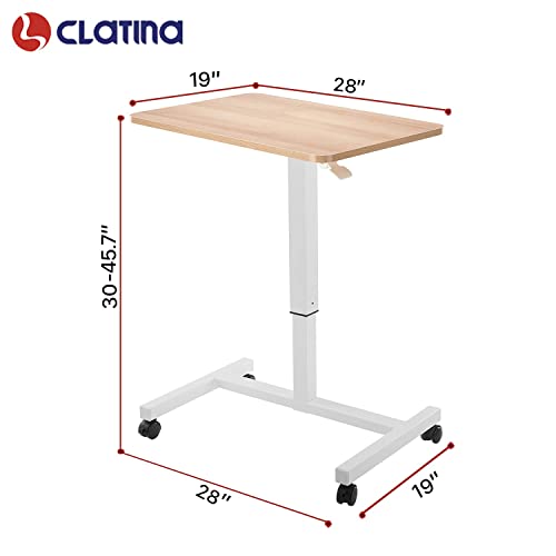 CLATINA Mobile Laptop Desk Pneumatic Sit to Stand Table Height Adjustable Rolling Cart with Lockable Wheels for Home Office Computer Workstation 28" x 19" Beige Round Edge Design Elegant