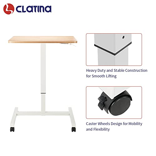 CLATINA Mobile Laptop Desk Pneumatic Sit to Stand Table Height Adjustable Rolling Cart with Lockable Wheels for Home Office Computer Workstation 28" x 19" Beige Round Edge Design Elegant