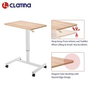 CLATINA Mobile Laptop Desk Pneumatic Sit to Stand Table Height Adjustable Rolling Cart with Lockable Wheels for Home Office Computer Workstation 28" x 19" Beige Round Edge Design Elegant