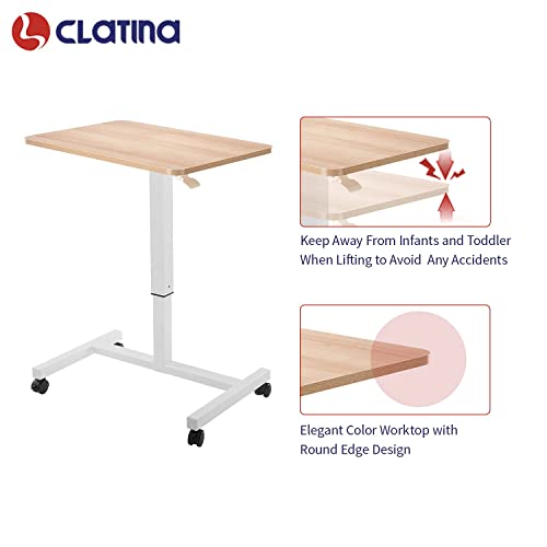 CLATINA Mobile Laptop Desk Pneumatic Sit to Stand Table Height Adjustable Rolling Cart with Lockable Wheels for Home Office Computer Workstation 28" x 19" Beige Round Edge Design Elegant