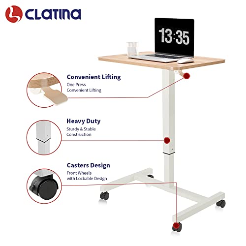 CLATINA Mobile Laptop Desk Pneumatic Sit to Stand Table Height Adjustable Rolling Cart with Lockable Wheels for Home Office Computer Workstation 28" x 19" Beige Round Edge Design Elegant