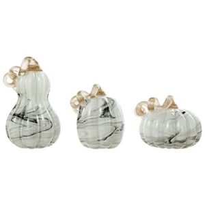 Glitzhome Set of 3 Hand Blown Glitter Glass Pumpkin Table Accent Home Decor for Fall & Harvest Thanksgiving Decorating, Gray Marble