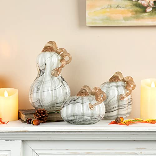 Glitzhome Set of 3 Hand Blown Glitter Glass Pumpkin Table Accent Home Decor for Fall & Harvest Thanksgiving Decorating, Gray Marble