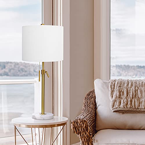 Lamp Modern Set of 2: 22" to 30" Height Adjustable Pull Chain Switch for Living Room Bedroom End Table, Marble Base White Linen Shade Golden Pole Nightstand Lamp Brass for Office, Bedside Table