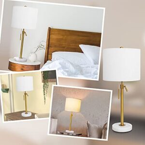 Lamp Modern Set of 2: 22" to 30" Height Adjustable Pull Chain Switch for Living Room Bedroom End Table, Marble Base White Linen Shade Golden Pole Nightstand Lamp Brass for Office, Bedside Table