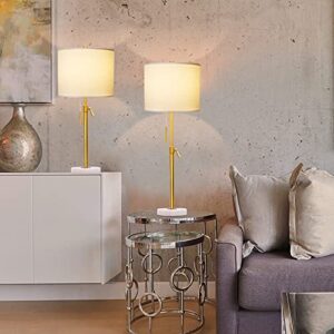 Lamp Modern Set of 2: 22" to 30" Height Adjustable Pull Chain Switch for Living Room Bedroom End Table, Marble Base White Linen Shade Golden Pole Nightstand Lamp Brass for Office, Bedside Table